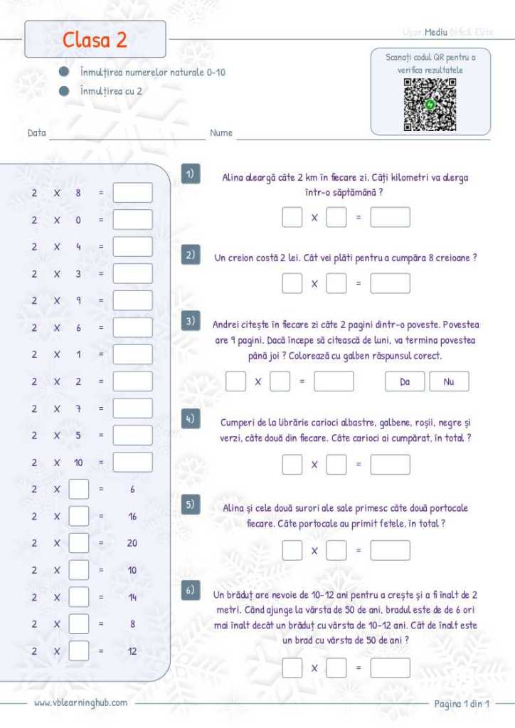 Clasa 2. Înmulțirea cu 2. Fișă de lucru. – VB Learning Hub