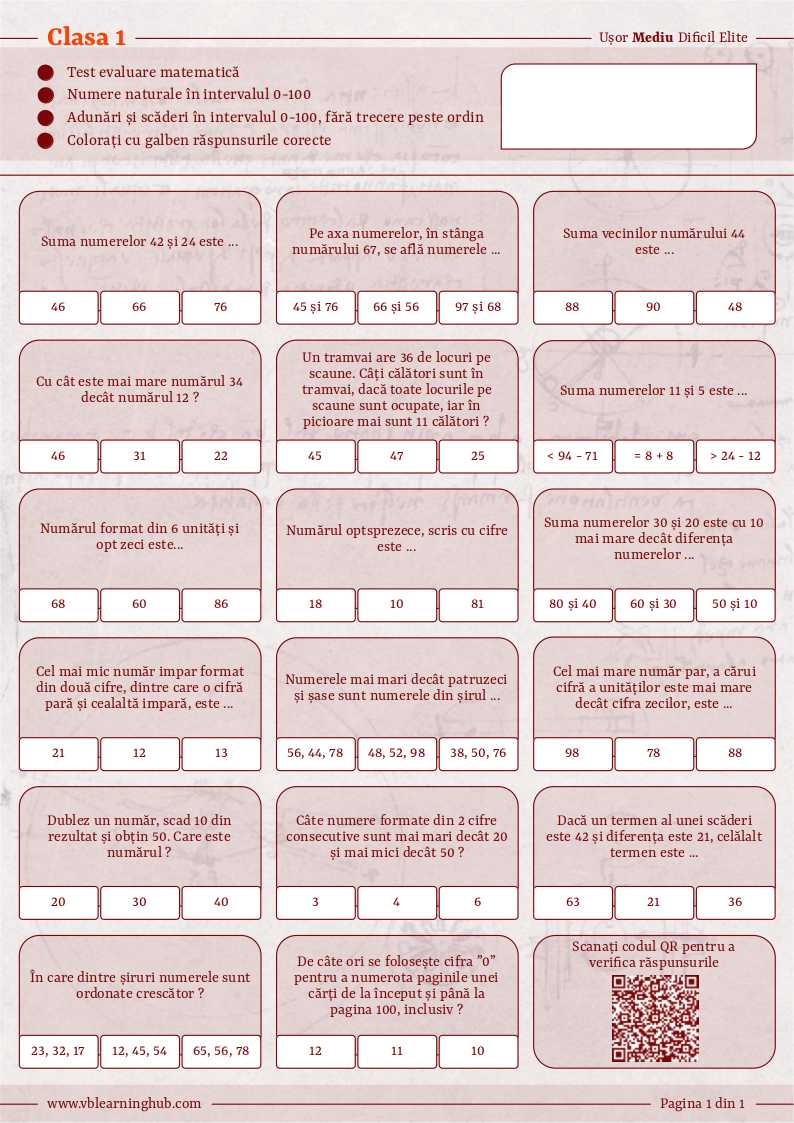 Clasa 1. Test evaluare matematică. Numere naturale 0-100. Adunări și ...