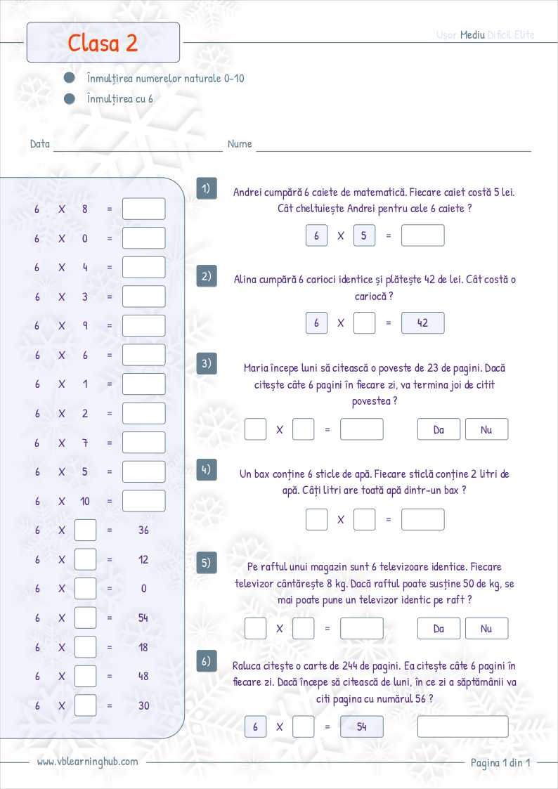 Clasa 2. Fișă de lucru. Înmulțirea cu 6. – VB Learning Hub
