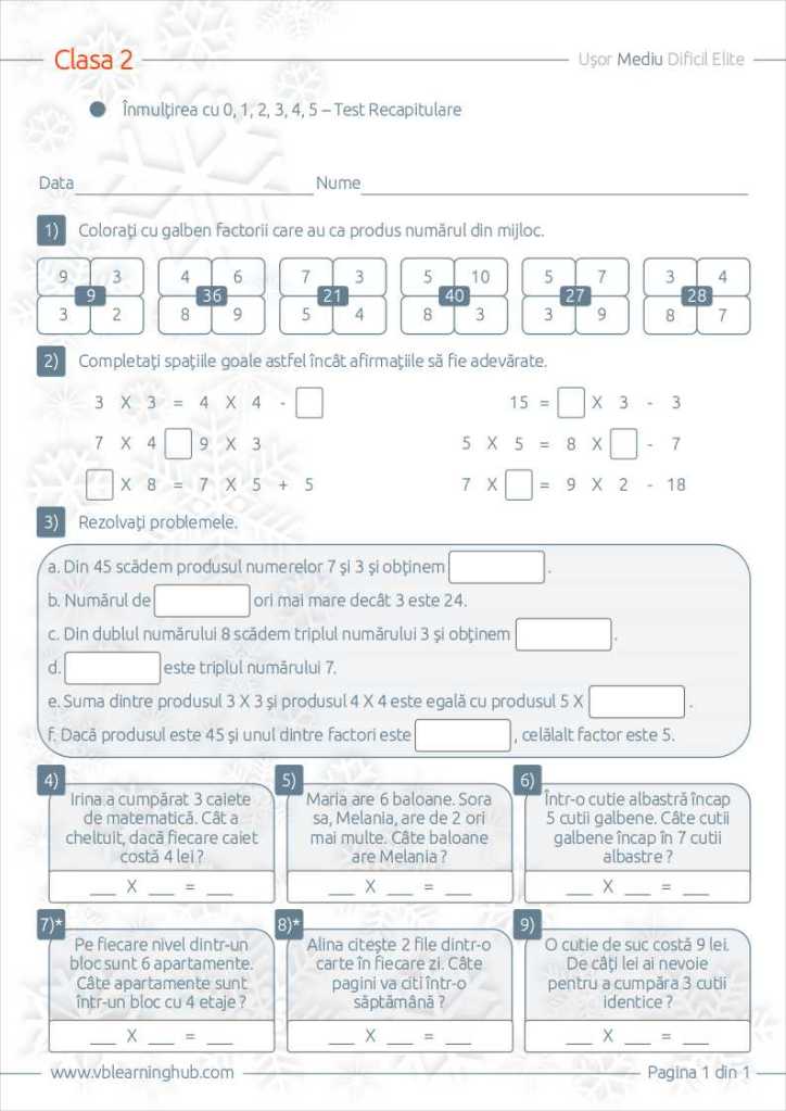 Clasa 2. Înmulțirea cu 0,1,2,3,4,5. Test Recapitulare. – VB Learning Hub