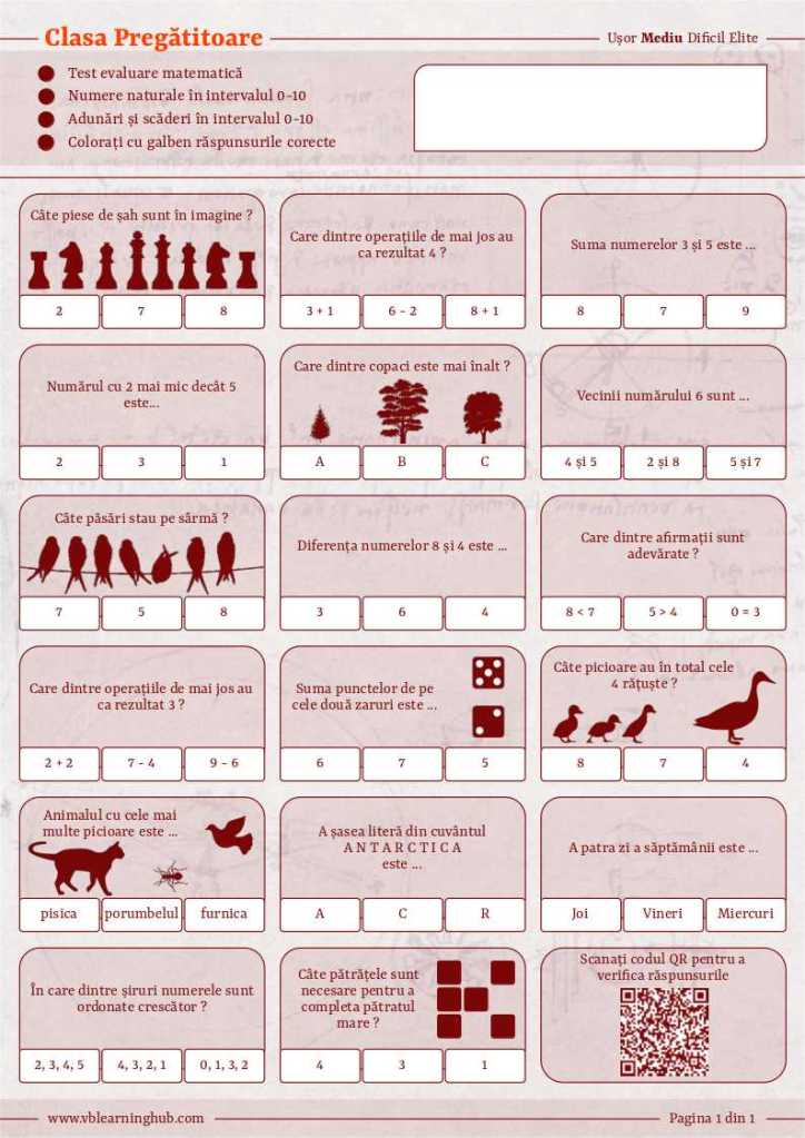 Clasa Pregătitoare. Test evaluare matematică. Numere naturale 0-10 ...