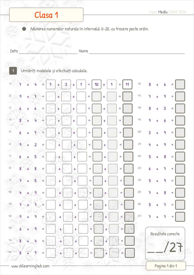 Clasa 1. Adunarea numerelor naturale 0-20, cu trecere peste ordin. Fișă ...