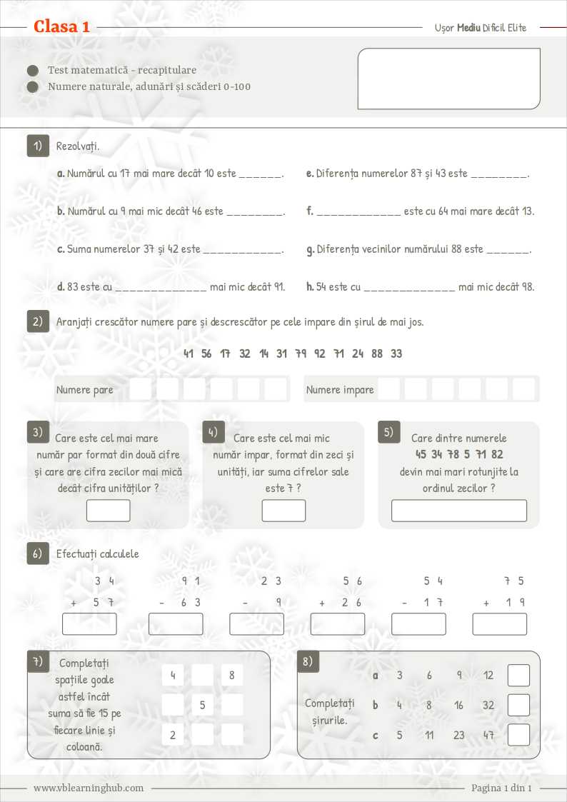 Clasa 1. Test recapitulare. Numere naturale, adunări și scăderi 0-100 ...