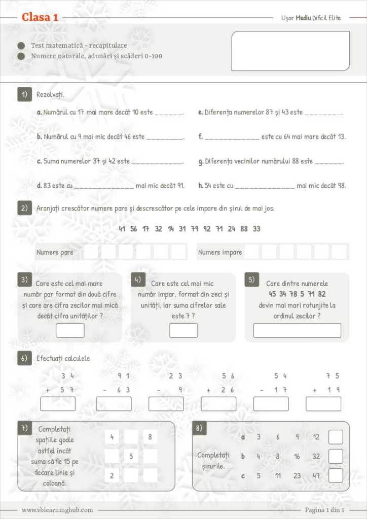 Clasa 1. Test recapitulare. Numere naturale, adunări și scăderi 0-100 ...