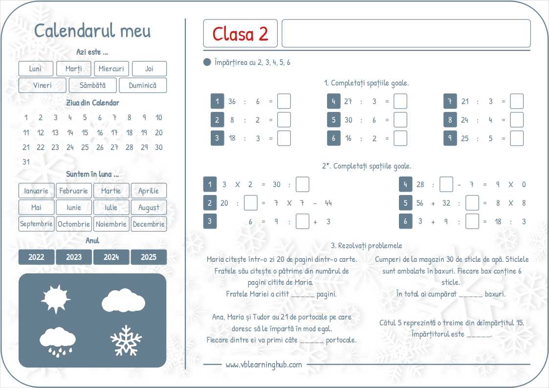 Clasa 2. Împărțirea cu 2, 3, 4, 5, 6. Fișă de lucru. – VB Learning Hub