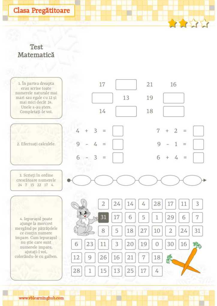 Clasa Pregătitoare. Test Matematică. Nivel Mediu – VB Learning Hub