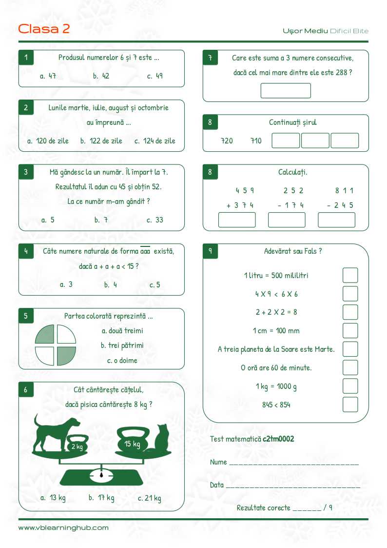 Clasa 2. Test matematica. Recapitulare. RO/EN – VB Learning Hub