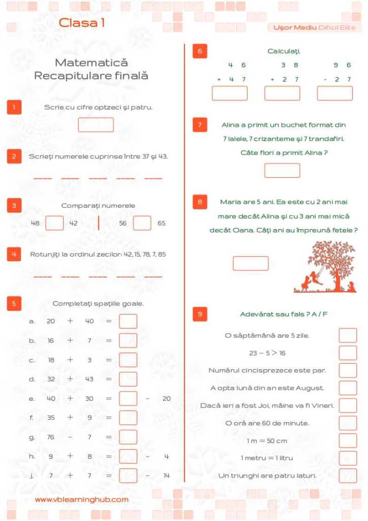 Clasa 1. Matematică. Test Recapitulare Finală. Ușor / Mediu. – VB ...