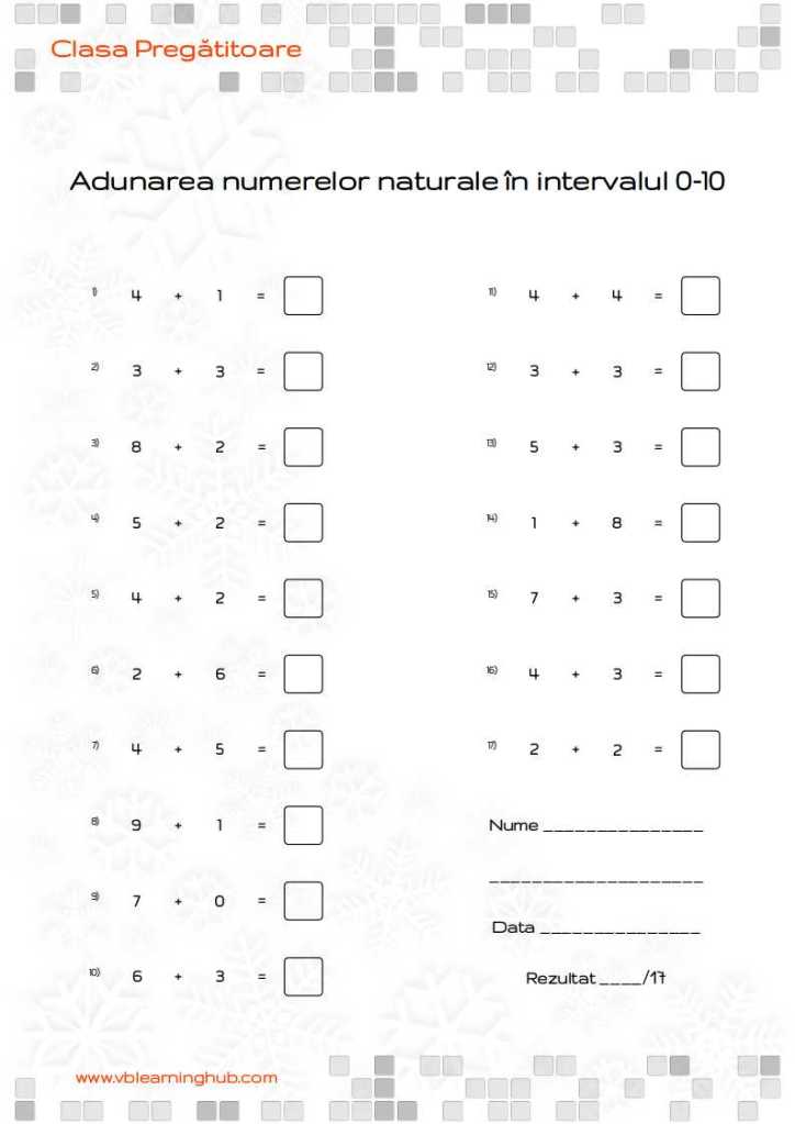 Clasa Pregătitoare – Fișă de lucru – Adunarea numerelor în intervalul 0 ...